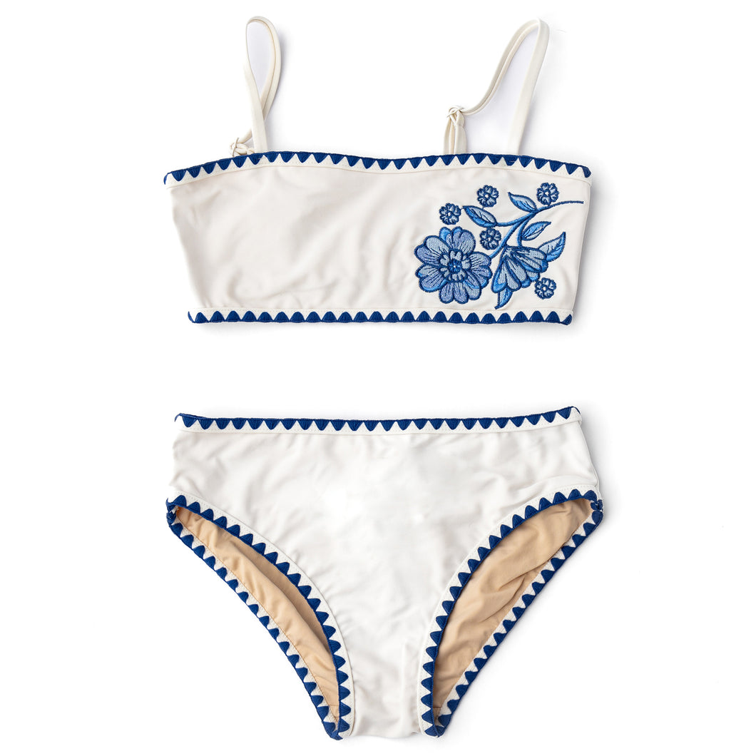 White and Navy Embroidered Two Piece Bathing Suit – Belles & Beaux®