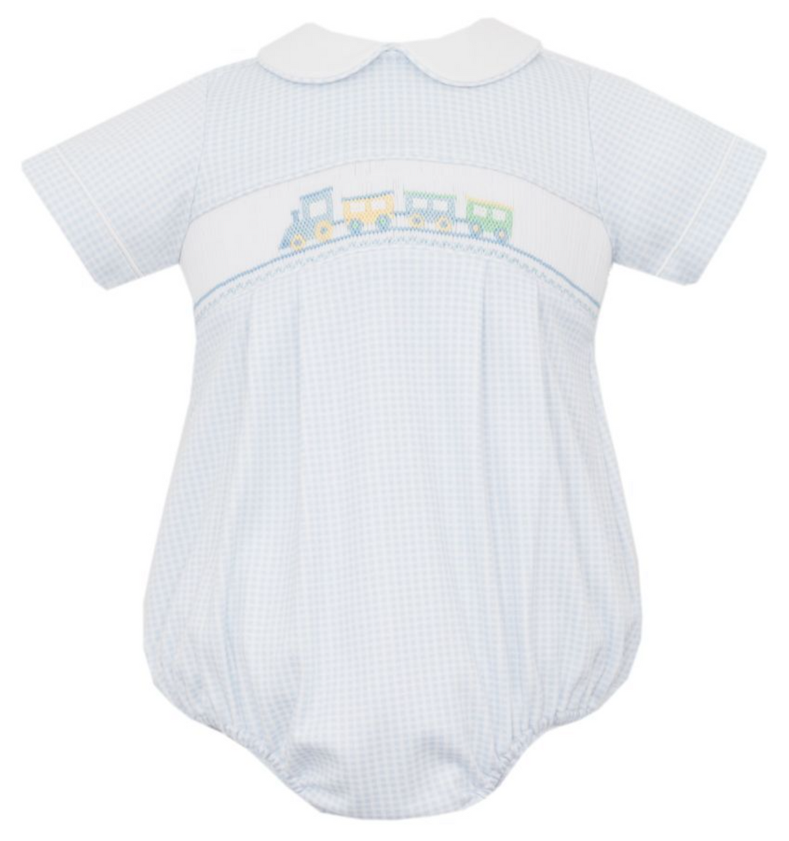 Blue Gingham Knit Bubble With Train Smocking – Belles & Beaux®